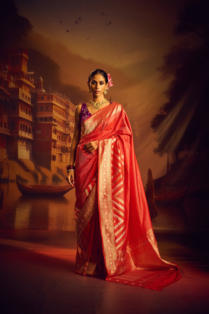 RED SONA RUPA VERTICAL STRIPE SAREE – Kausheyam